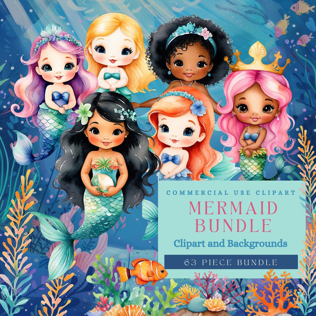 63 Piece Mermaid Clipart and Background Bundle - Etsy