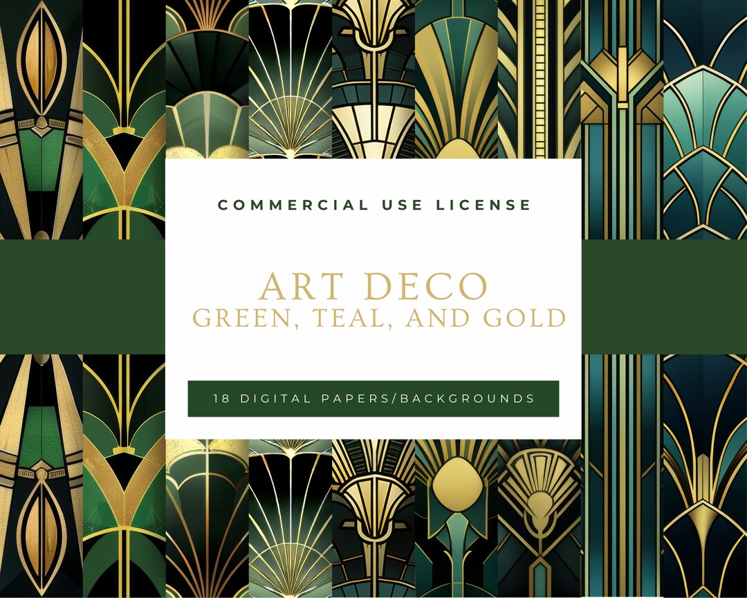 18 Art Deco Green, Teal, and Gold Digital Papers, Backgrounds - Etsy