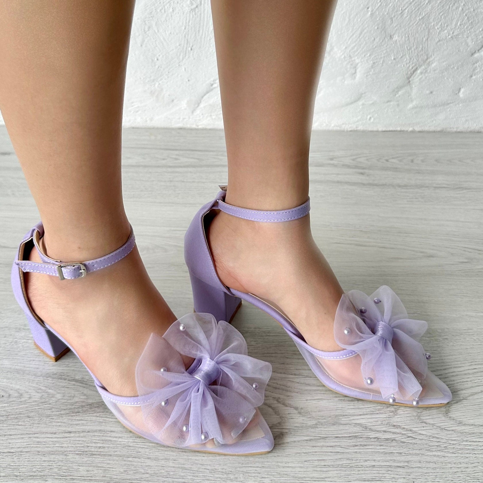 Lilac Block Heel Bride Shoes, Tulle Wedding Shoes, Lilac Bridal Shoes ...