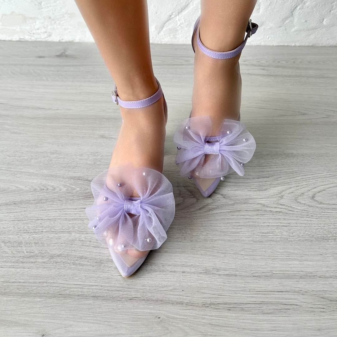 Lilac Block Heel Bride Shoes, Tulle Wedding Shoes, Lilac Bridal Shoes ...