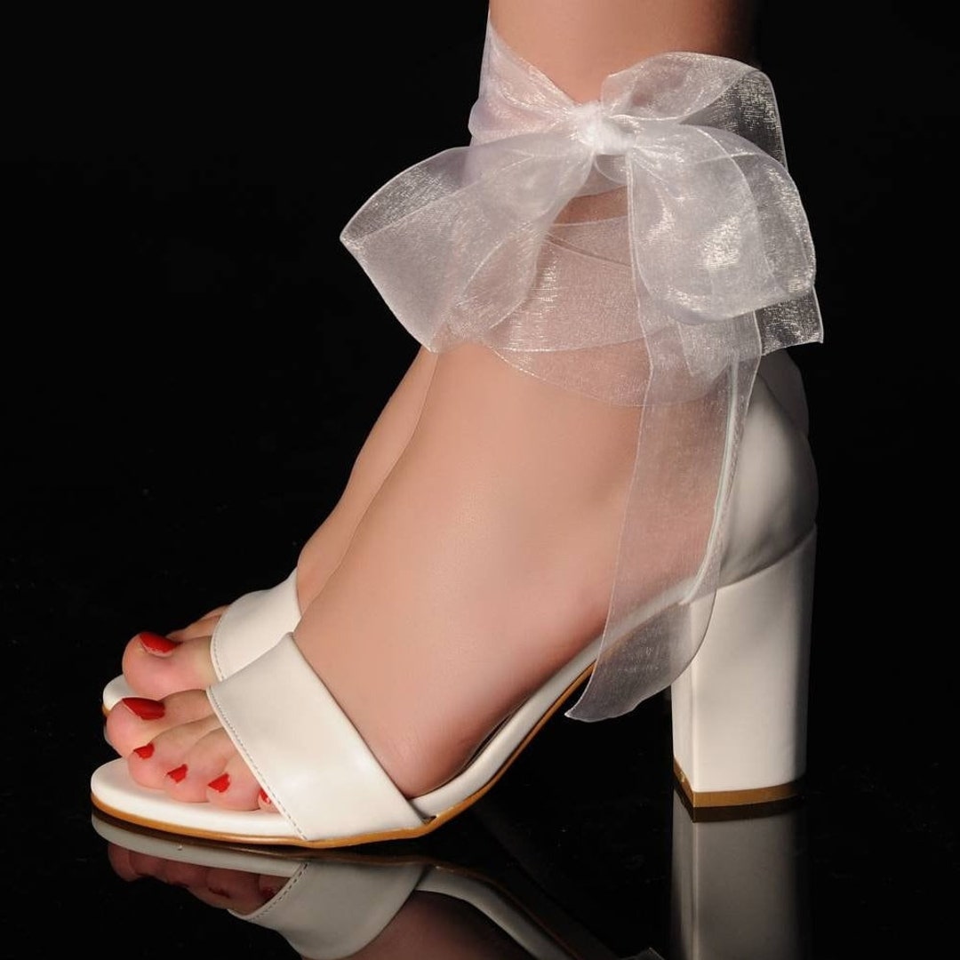 White Block Heel Wedding Shoes With Ribbon, White Bridal Heels, Bridal ...