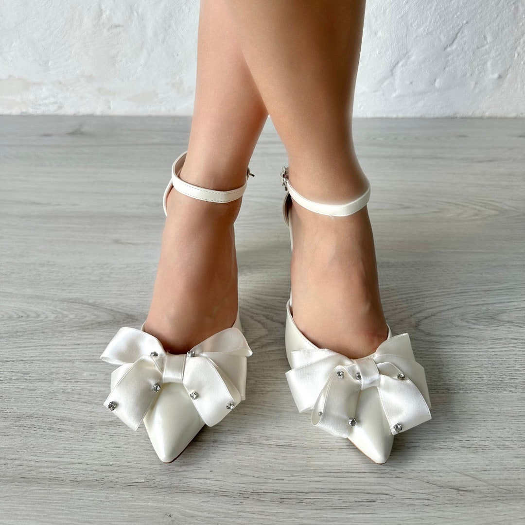 Wedding Heel for Bride, Satin Bridal Heels With Bow, Ivory White Bride ...