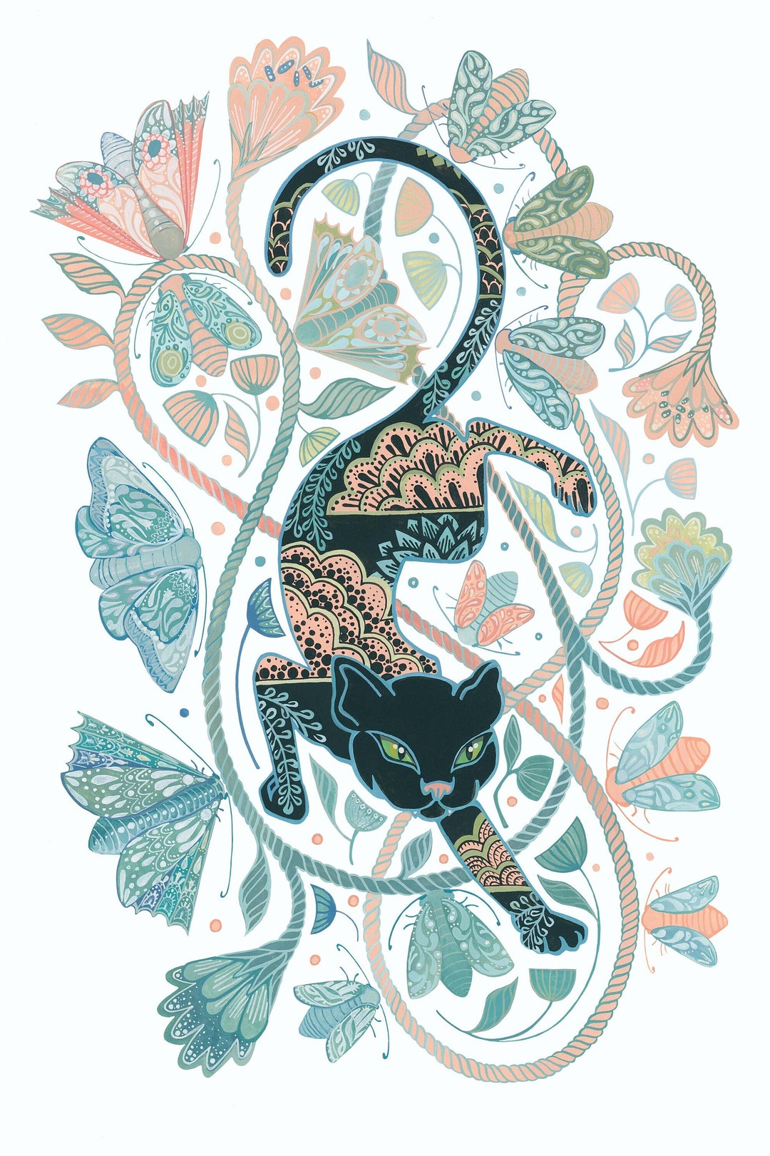 Intricate Cat and Moth Illustration. Featuring Floral Pattern and Vines ...