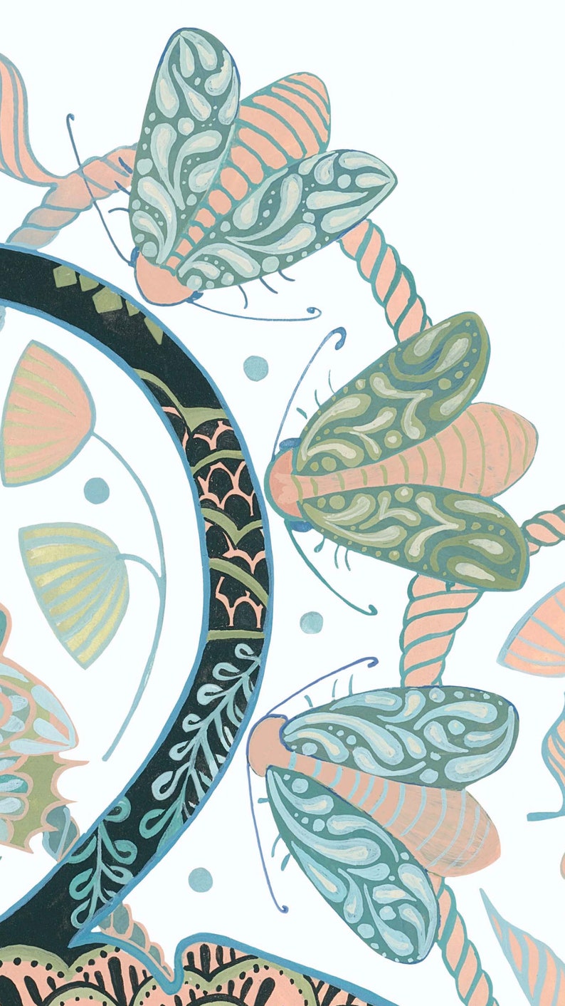 Intricate Cat and Moth Illustration. Featuring Floral Pattern and Vines ...