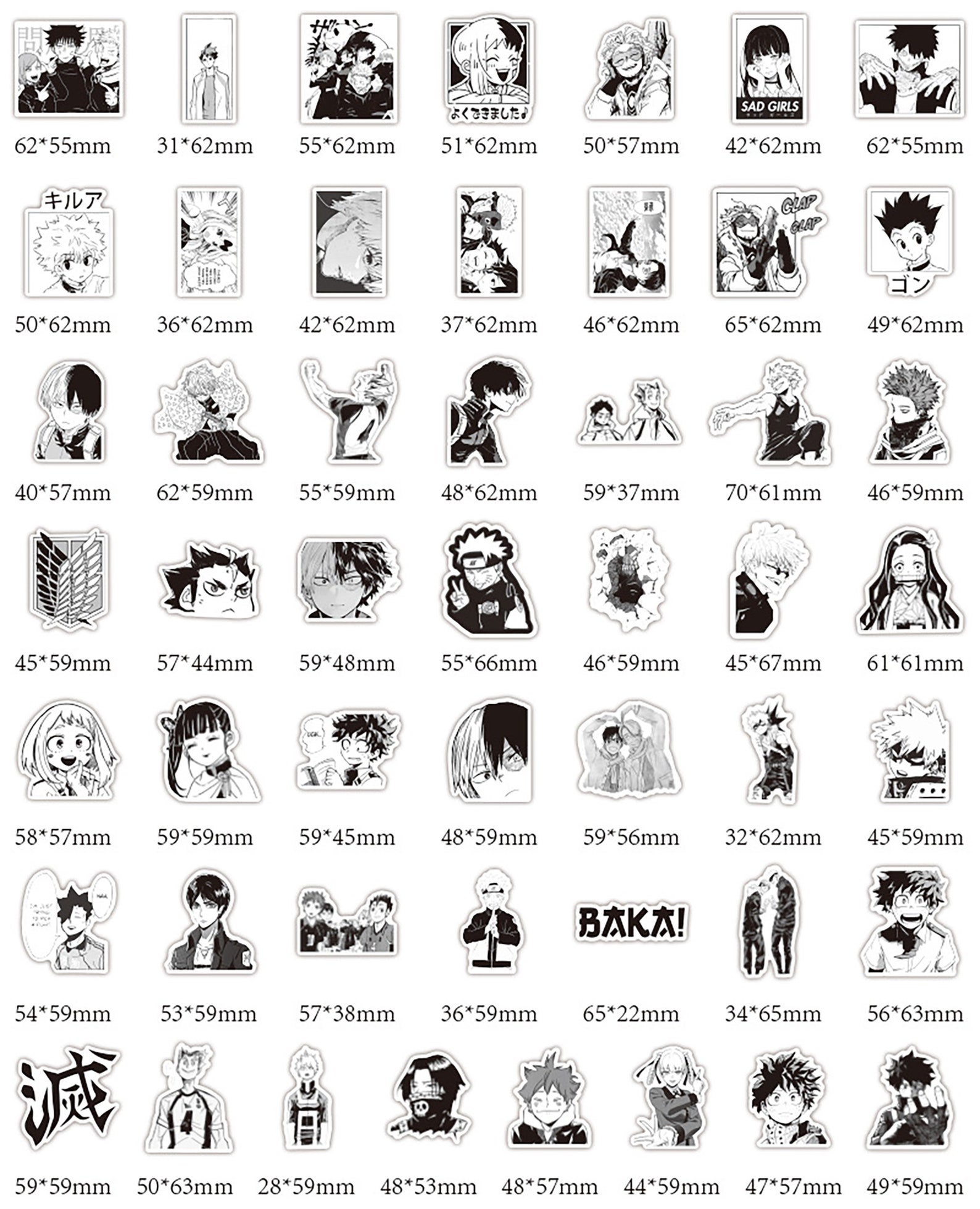 50 Black and White Anime Japanese Waterproof Stickers a Lot of - Etsy