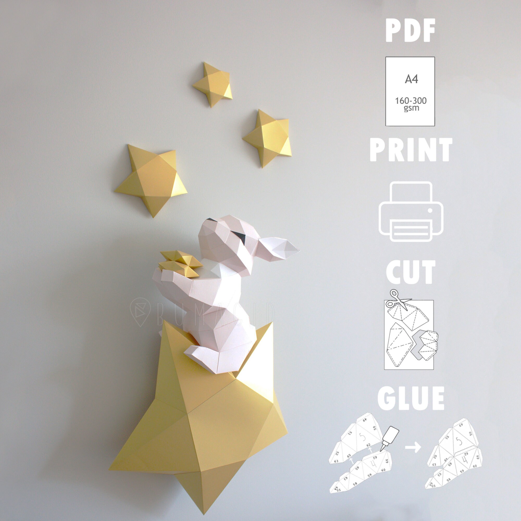 Papercraft Bunny on a Star 3D Papercraft PDF Low Poly | Etsy India