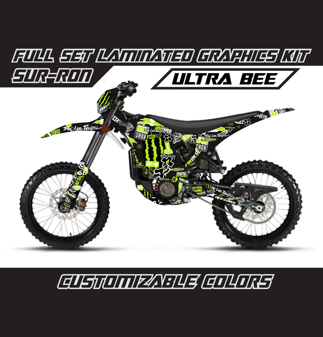 ULTRA BEE Sur Ron Stickerbomb Lime Green Full Graphics Kit Gloss or ...