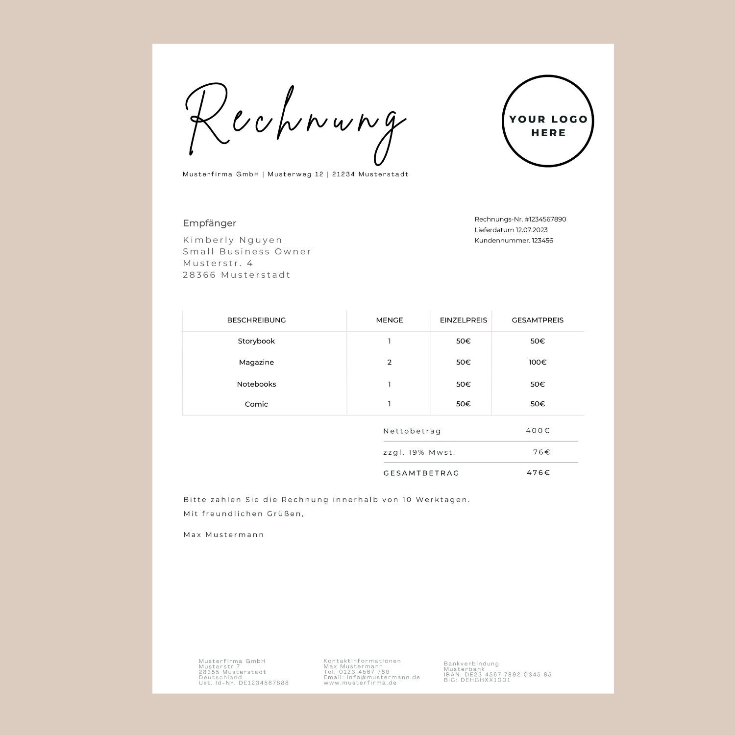 Invoice Template German Invoice Template Canva Personalized Invoice to ...