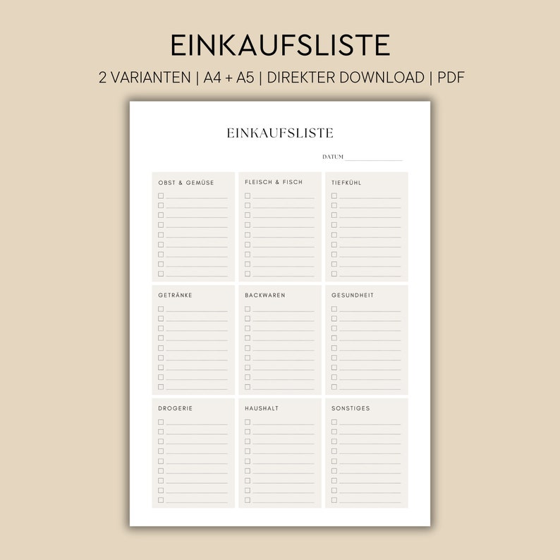 Printable Shopping List Shopping List German PDF | A4 + A5 Size ...
