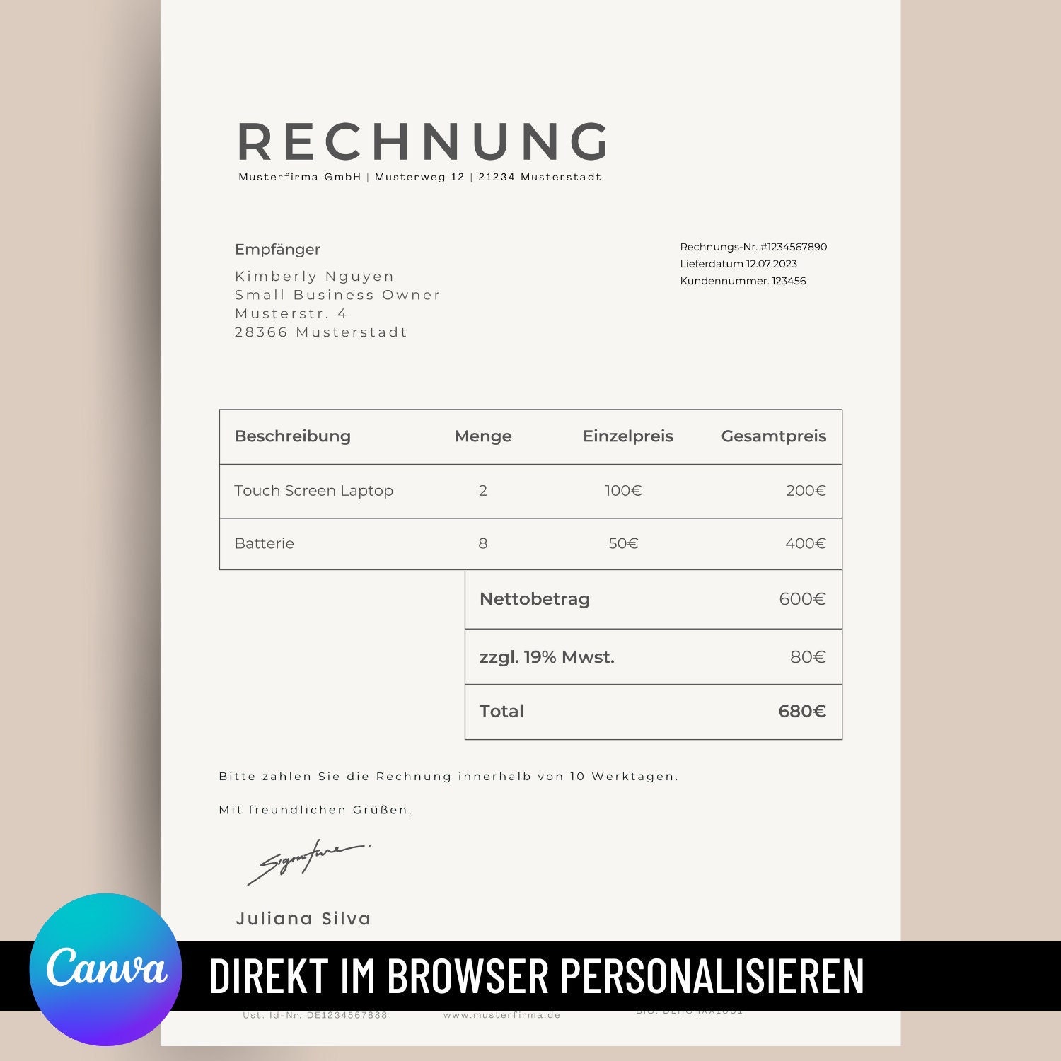 Invoice Template German Invoice Template Canva Personalized Invoice to ...