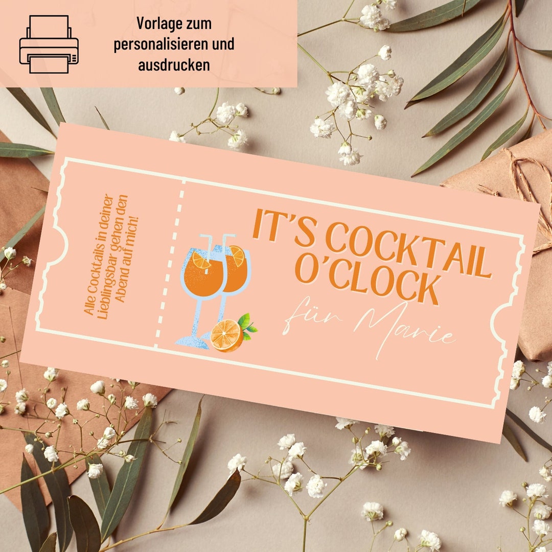 Gutschein Vorlage | Cocktail Gutschein zum Ausdrucken | Geschenkidee ...