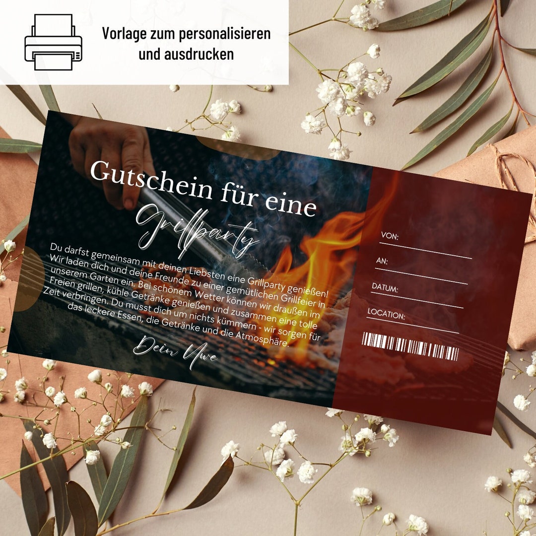 Grill Party Voucher Template | Printable Grilling Voucher | Gift Idea ...