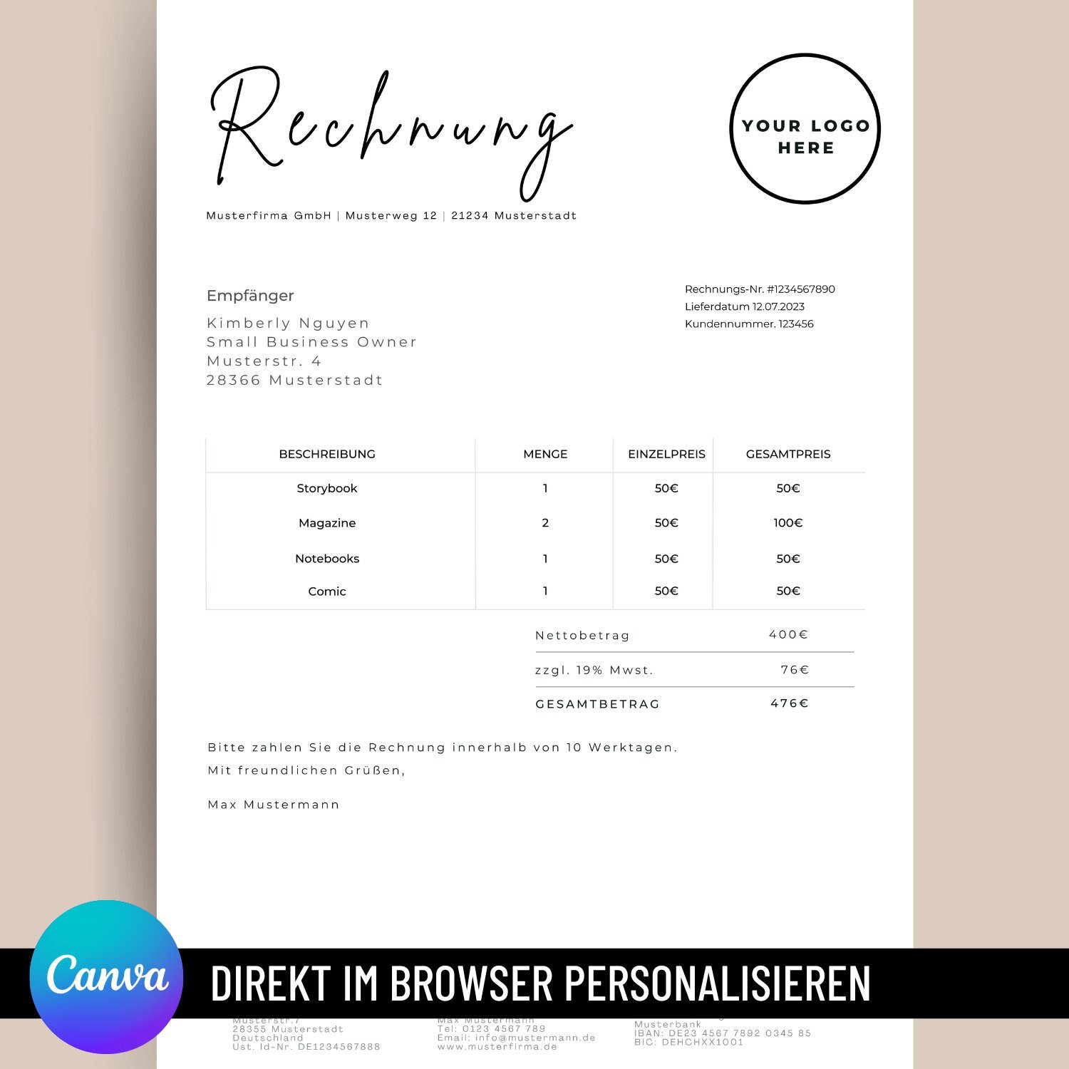 Invoice Template German Invoice Template Canva Personalized Invoice to ...