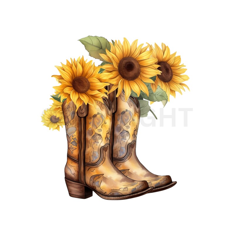 Cowgirl Boots Sunflowers Clipart | 4x Pngs | Cowboy Boots Sunflower PNG ...