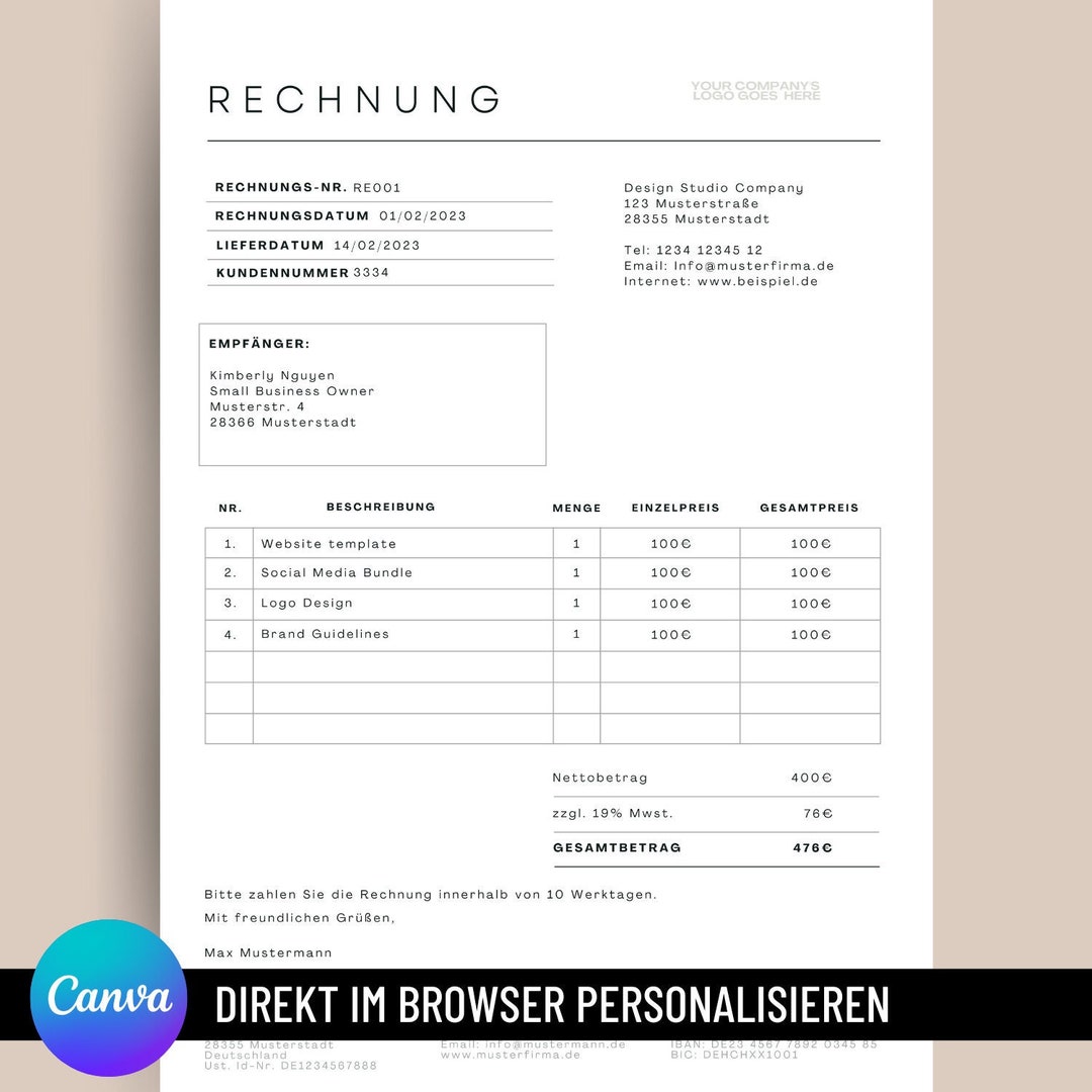 Invoice Template German Invoice Template Canva Personalized Invoice to ...