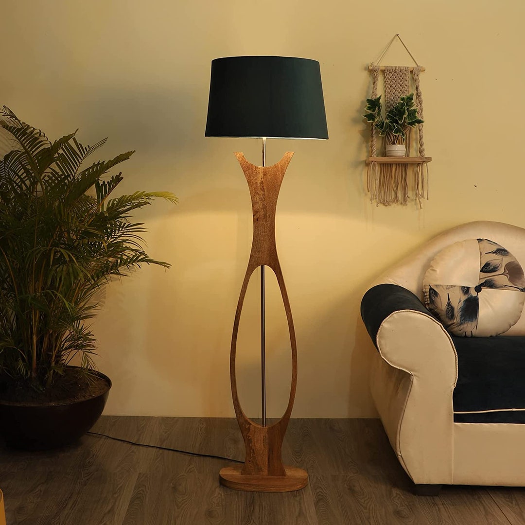 Mango Wood Floor Lamp Grey Velvet Shade Floor Lamp With - Etsy