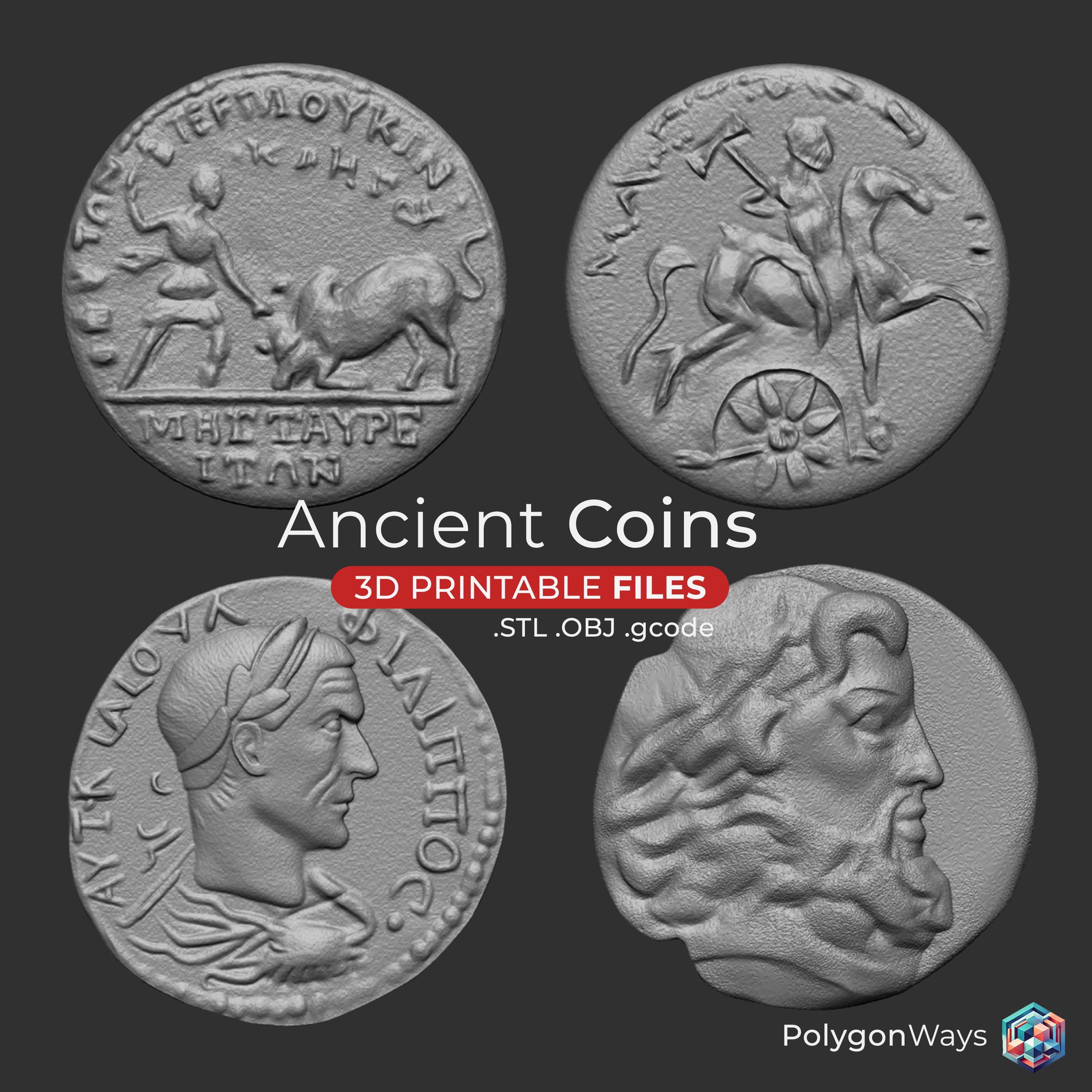 Set of 4 Ancient Coins 3D Print File / 3D Art Coin Printable / Money ...