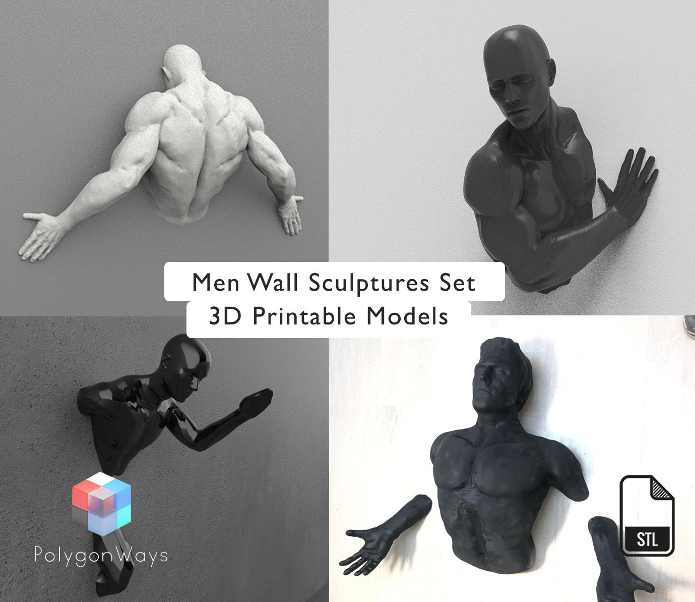 Men Wall Sculpture Set of 4 3D Print File STL Files / 3D Wall Art / Men ...