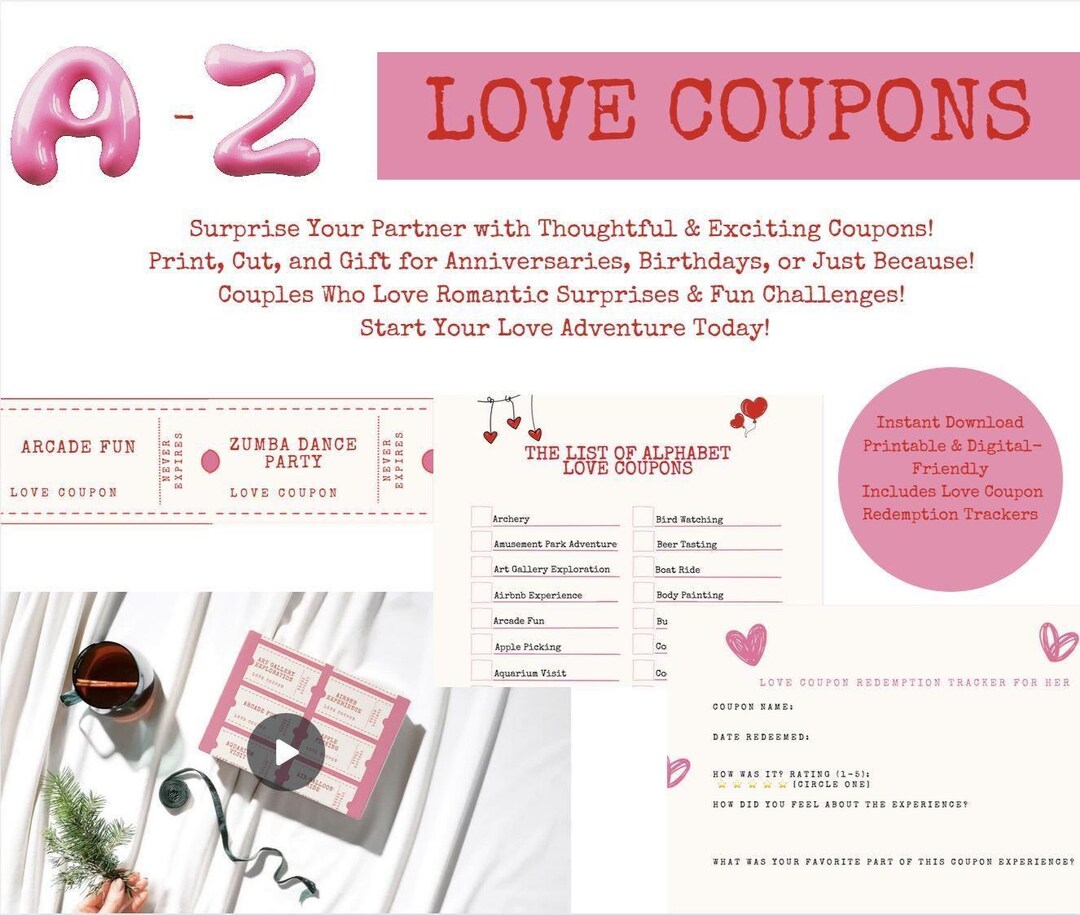 A-Z Love Coupons Printables- 260 Romantic Vouchers and Bonus Trackers ...