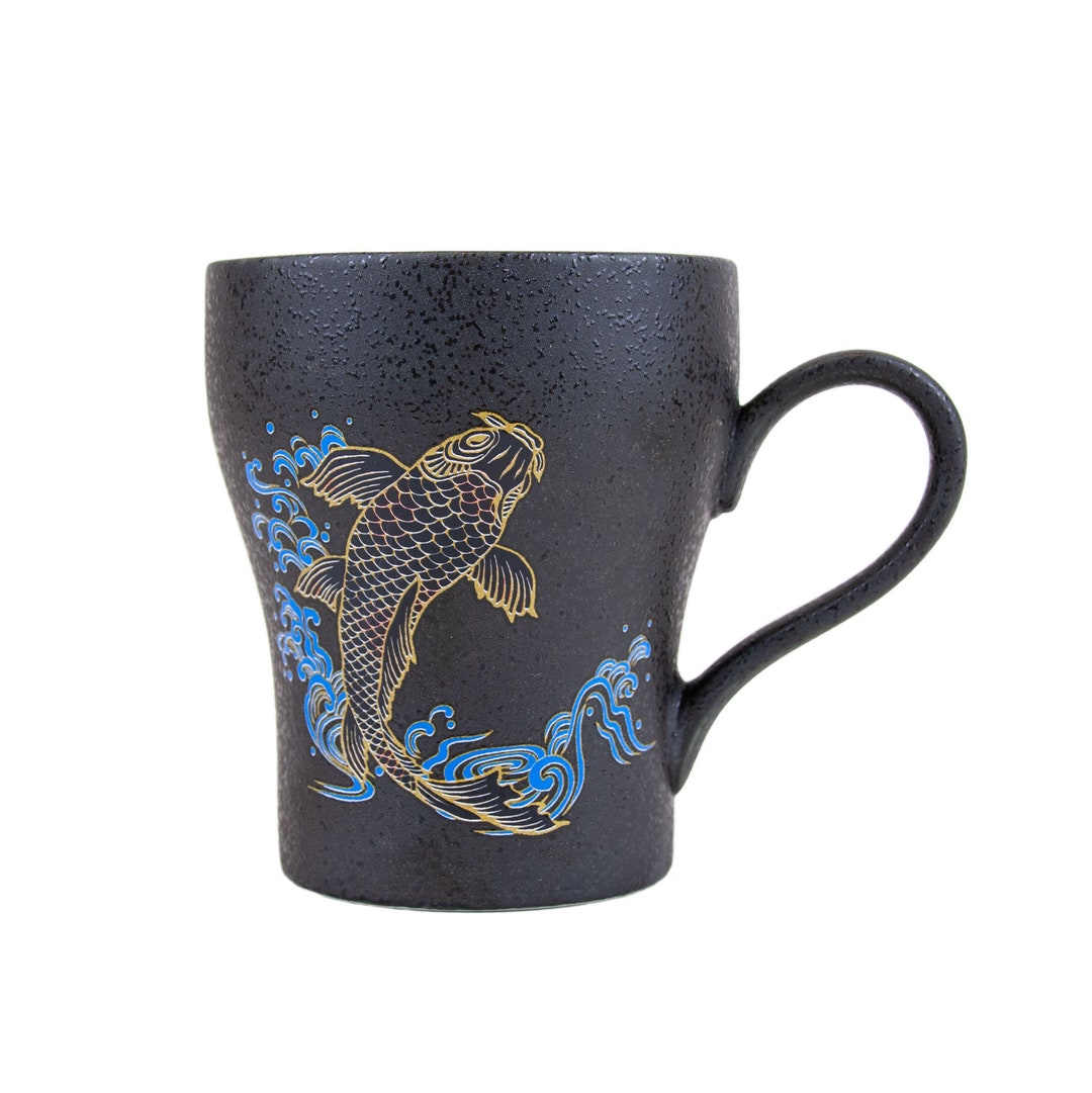 Black Ceramic Koi Fish Mug | Textured Gold Glazed Coffee Cup | Handmade ...