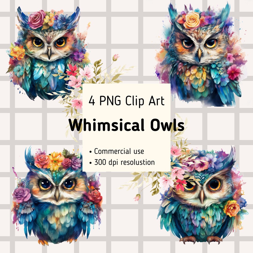 Water Color Floral Owl Clip Art Set of 4, Colorful Owl PNG Art for ...