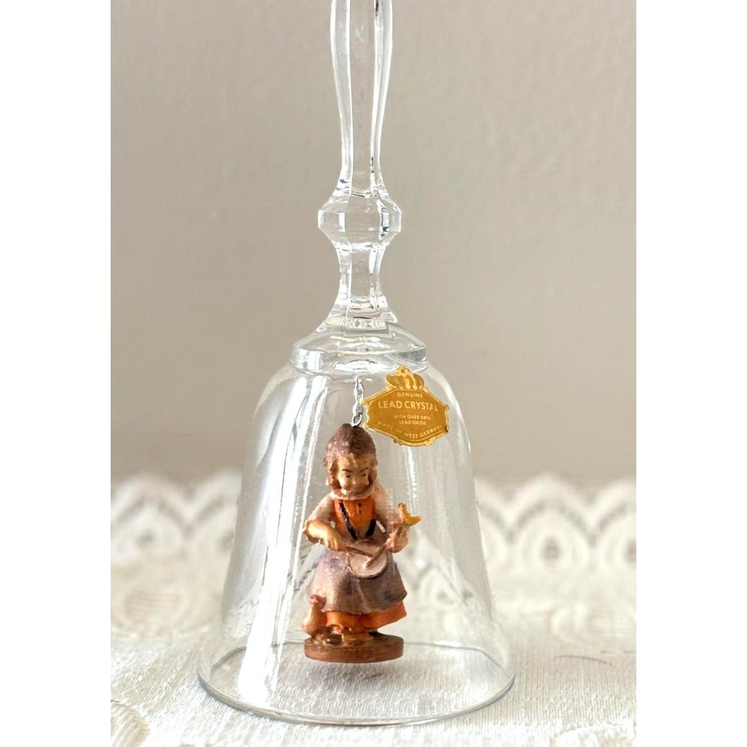 Vintage, Crystal Bell, Clapper is Dolfi, Wood Figurine, Girl Playing ...