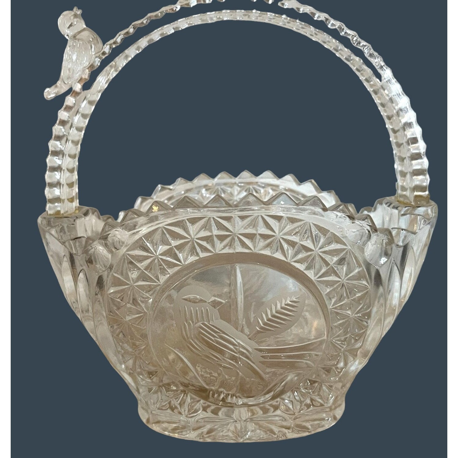 Vintage Hofbauer Byrds Crystal Basket With Byrd on Handle. Partial Orig ...
