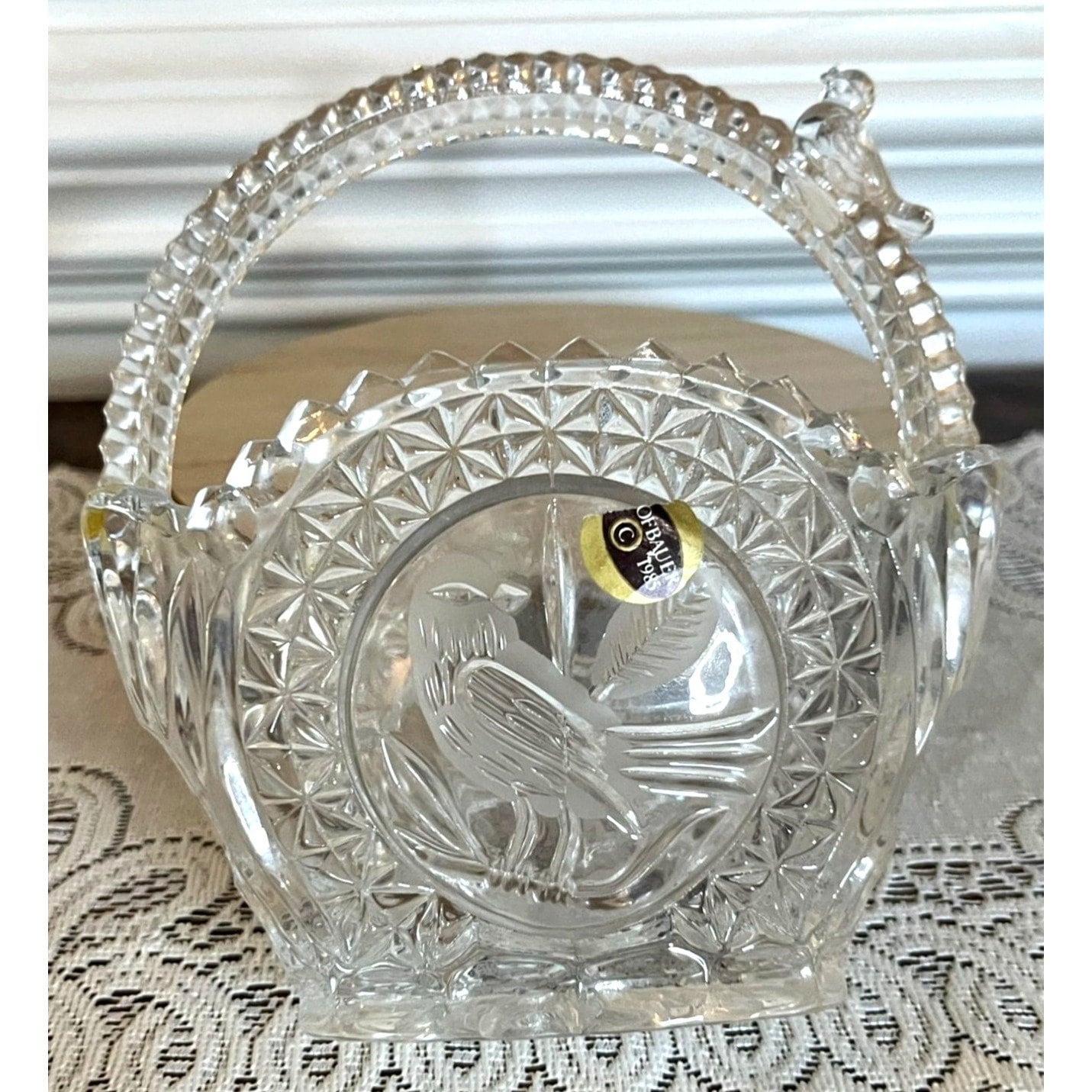 Vintage Hofbauer Byrds Crystal Basket With Byrd on Handle. Partial Orig ...