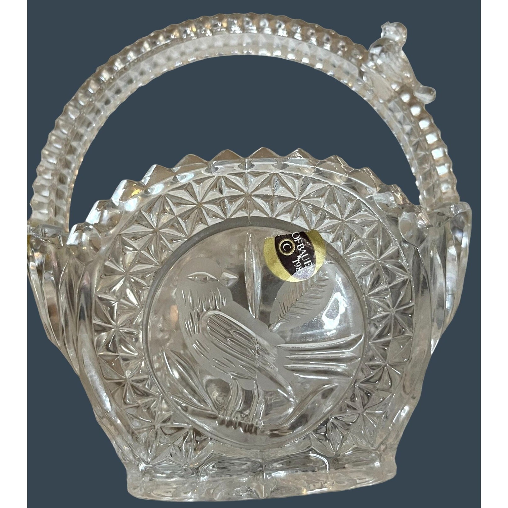 Vintage Hofbauer Byrds Crystal Basket With Byrd on Handle. Partial Orig ...