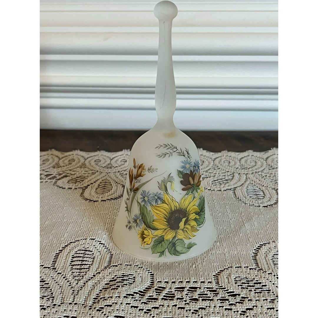 Frosted Glass Handbell With Yellow and Blue Flowers Crystal Look ...