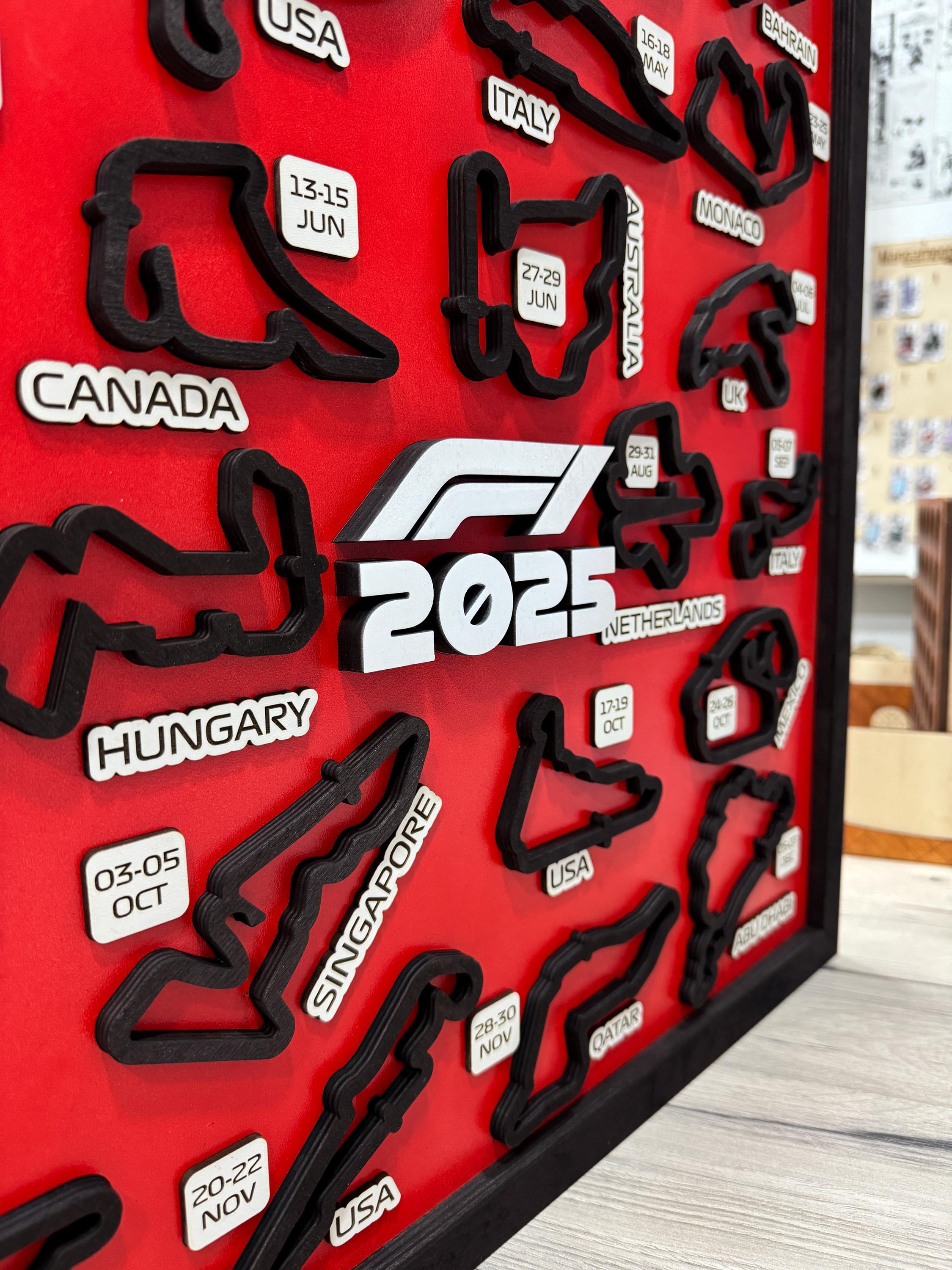 Formula 1 2025 Calendar 3D Wooden Wall Art | Full Track Map | F1 Racing ...