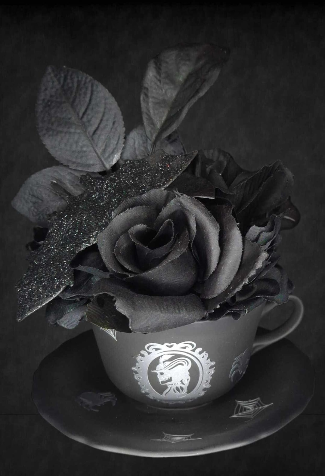 Gothic Victorian Teacup Goth Black Roses Floral Arrangement Halloween ...