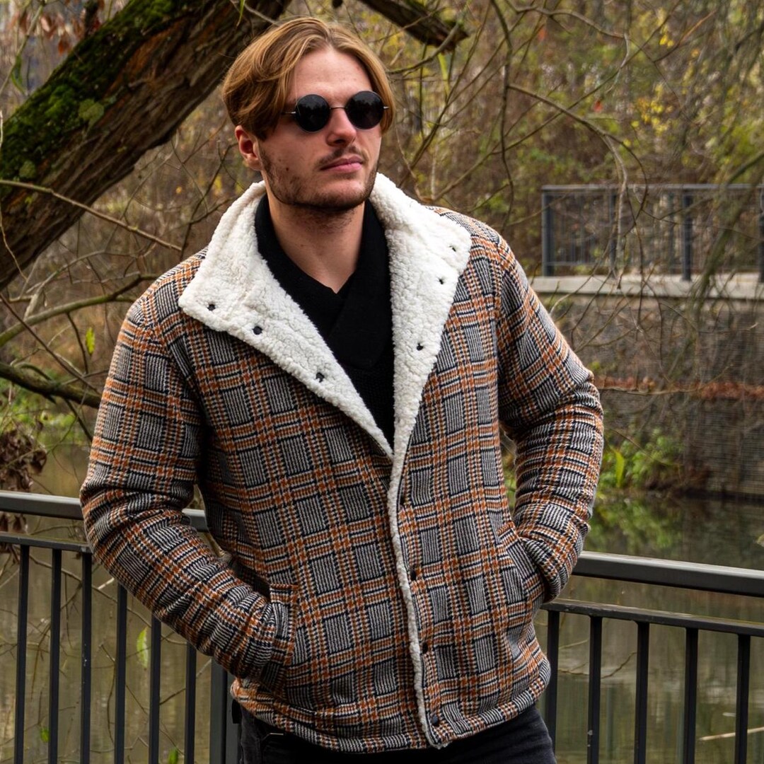Men's Wool Plaid Sherpa Jacket: Country Western Style, Warm Winter ...