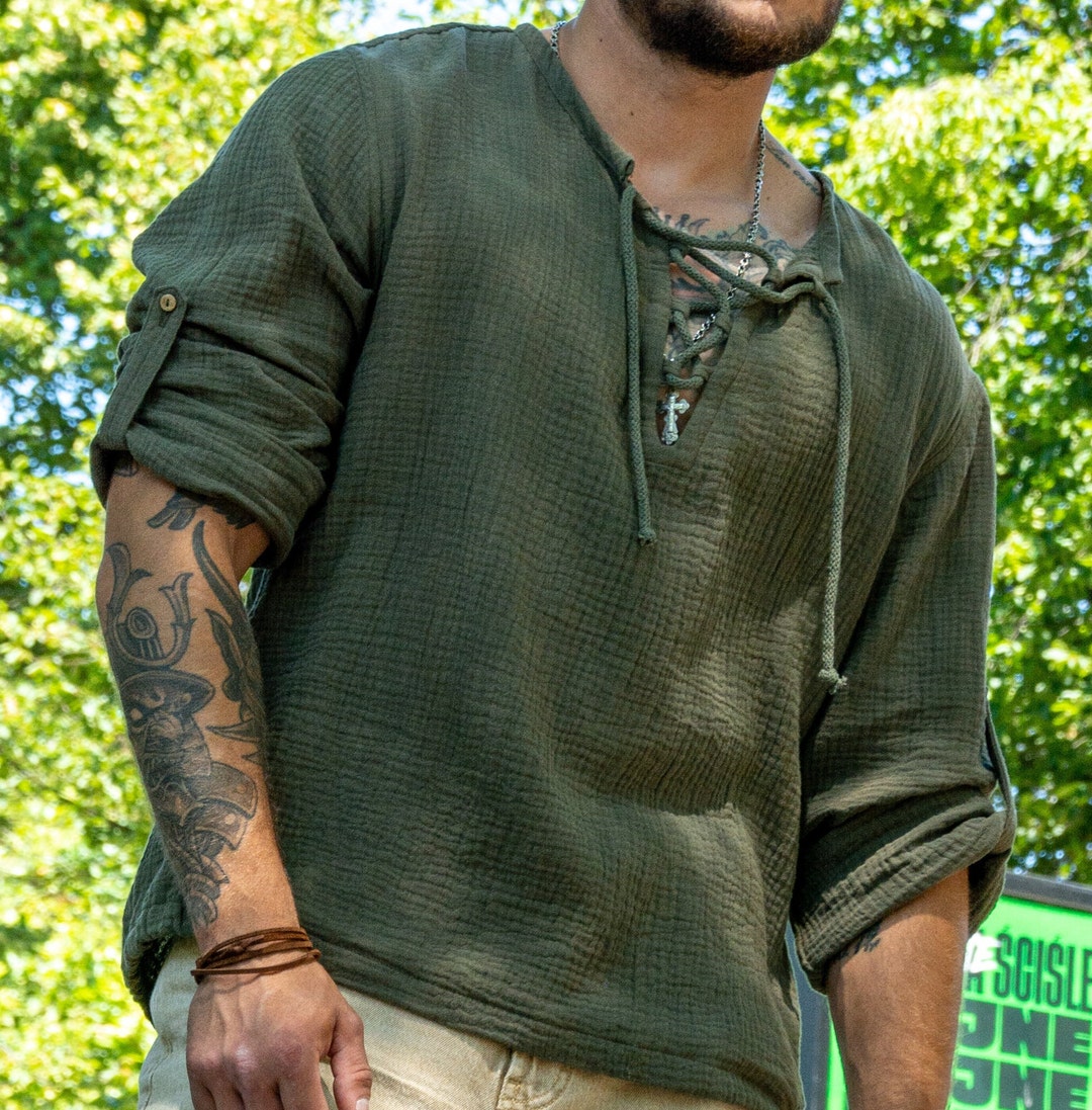Men's Muslin Shirt for Summer in Green Military Color - Etsy