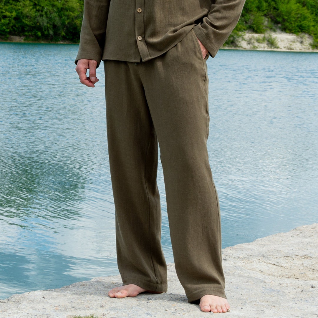 Men's Green Linen Viscose Lounge Pants: Breathable Summer Trousers ...