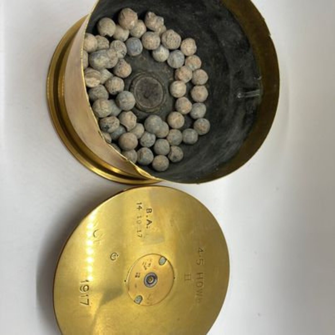WW1 Trench Art Howitzer Shell Casing Lidded Pot Containing Shrapnel ...