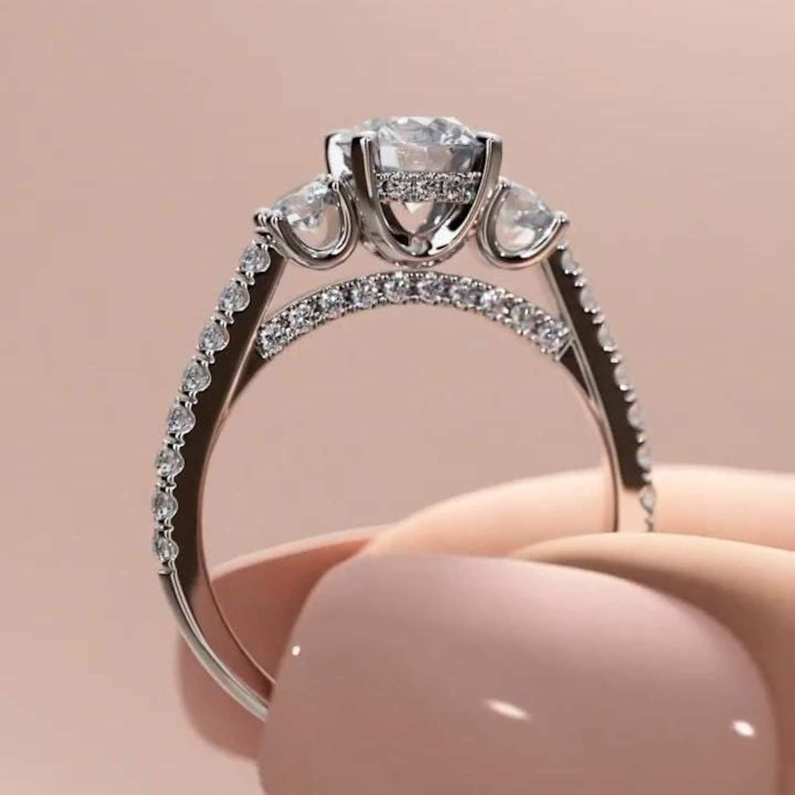 Vintage Cathedral Set Three Stone Engagement Ring, 1ct Round Cut ...