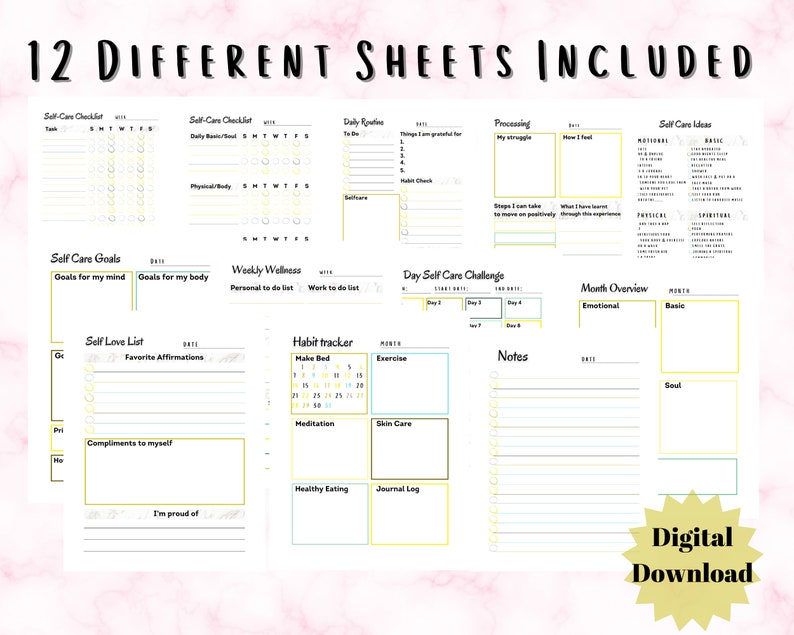 Self Care Journal, Self Care Planner Worksheet Mood Tracker, Wellness ...
