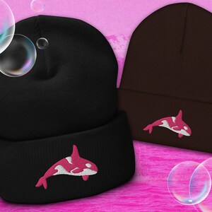 Embroidered Pink Orca Whale Beanie | Killer Whale Embroidery Beanie ...