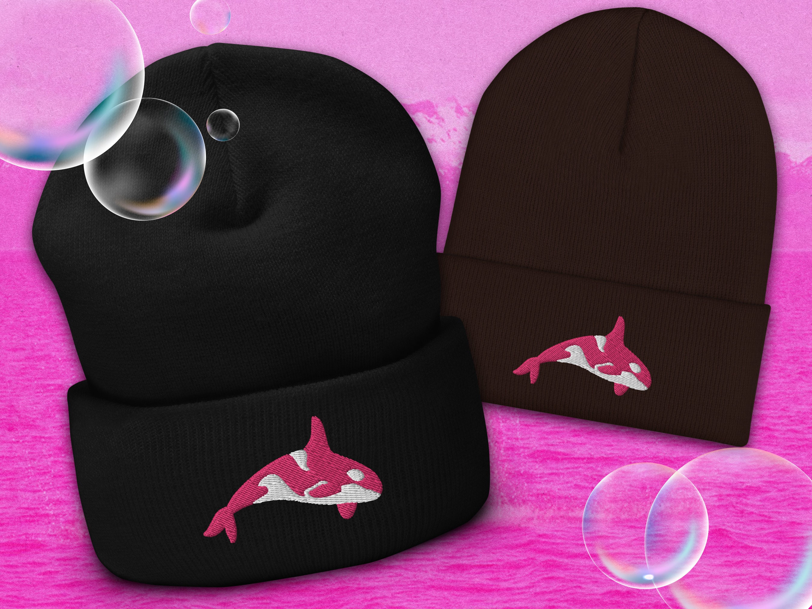 Embroidered Pink Orca Whale Beanie | Killer Whale Embroidery Beanie ...