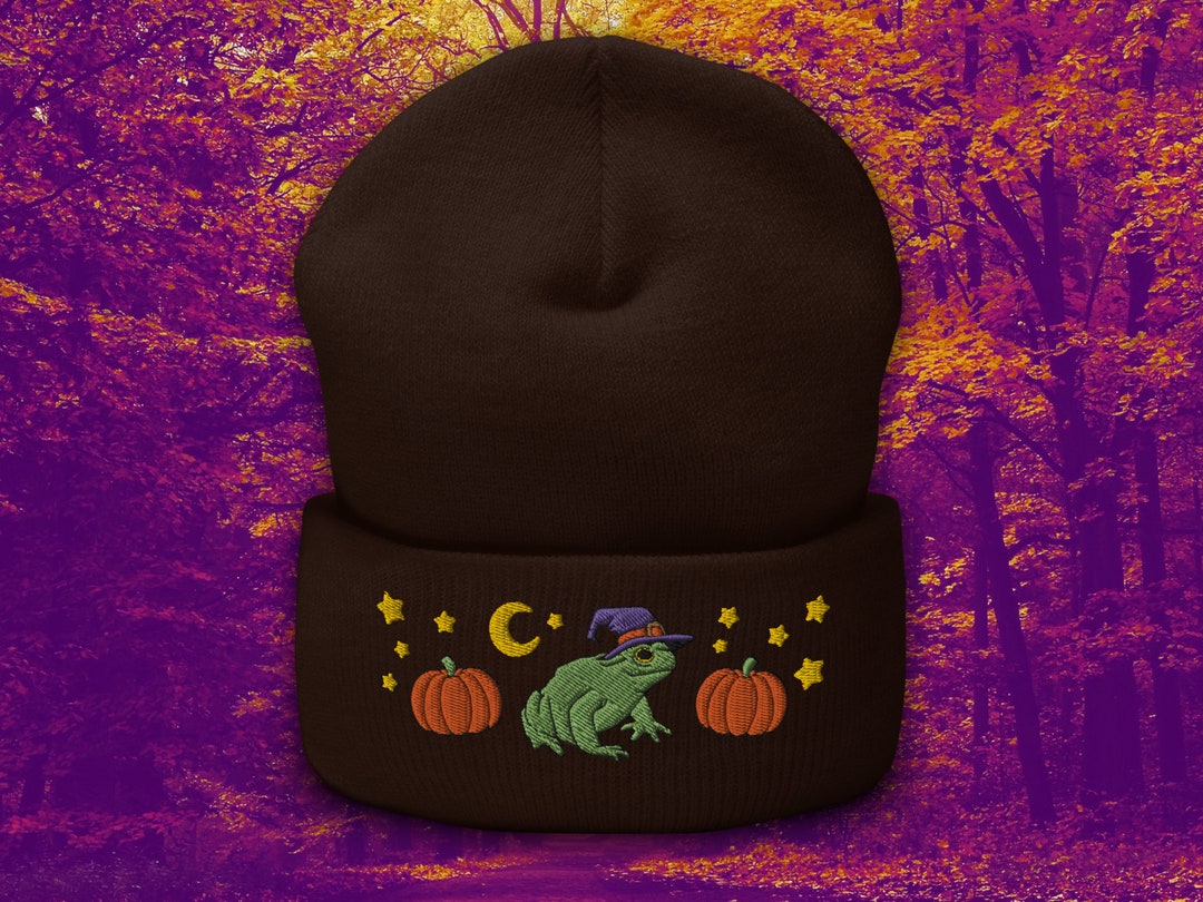 Frog Witch Embroidered Cuffed Beanie | Frog Embroidered Beanie | Frog ...
