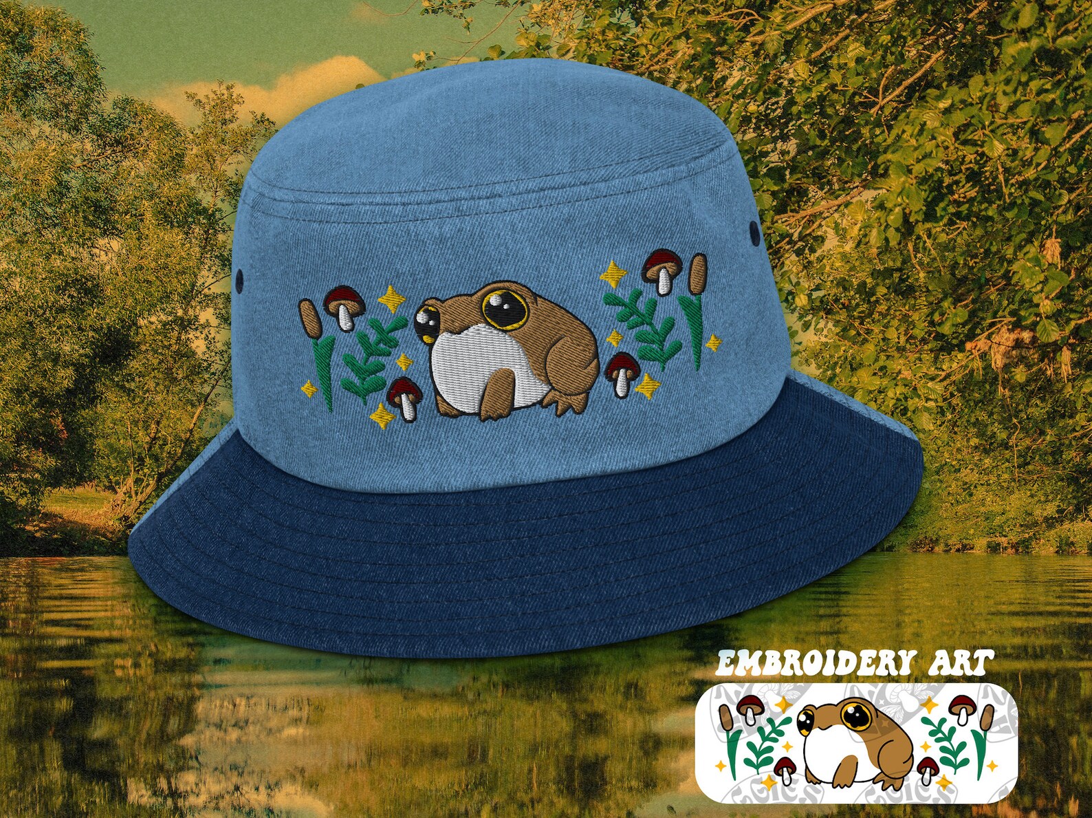Cottagecore Cute Toad Denim Bucket Hat | Embroidered Gold Toad Denim ...
