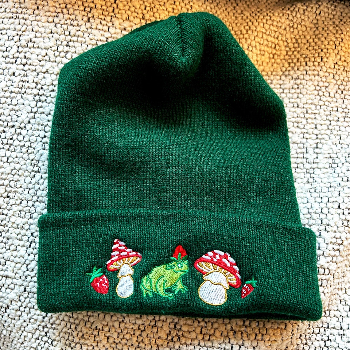 Embroidered Strawberry Frog Beanie | Embroidered Mushroom | Cottagecore ...