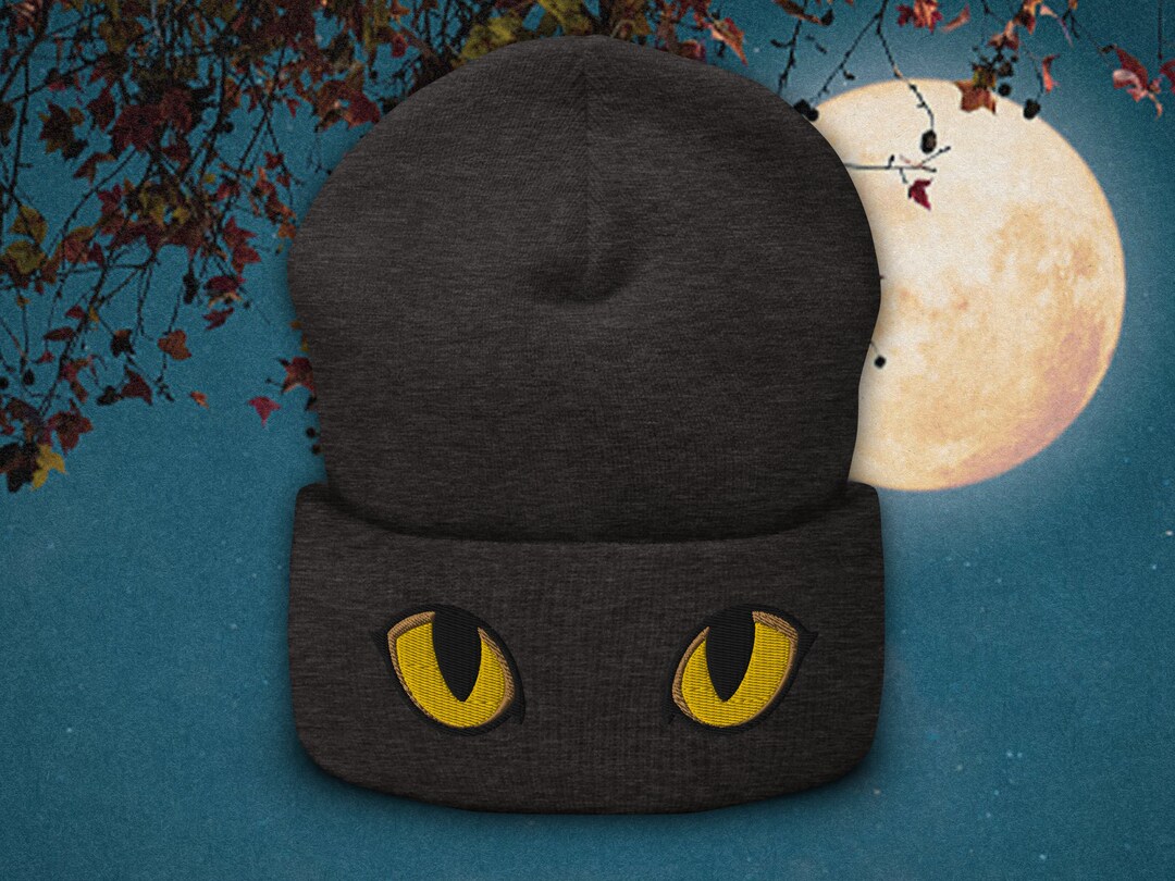 Yellow Cat Eyes Cuffed Beanie | Cat Embroidered Hat | Embroidered ...