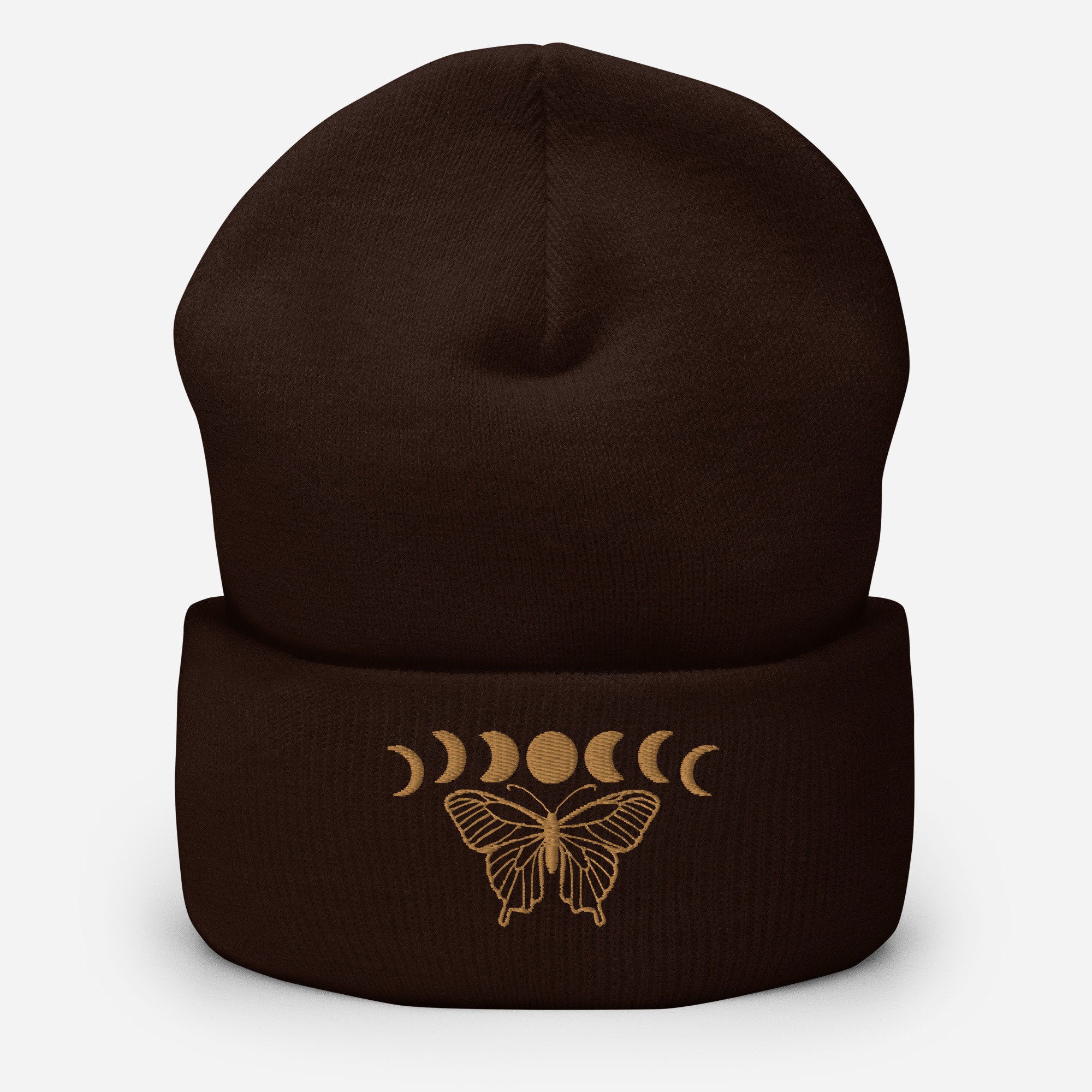 Embroidered Golden Boho Butterfly Beanie | Moon Phases Embroidered ...