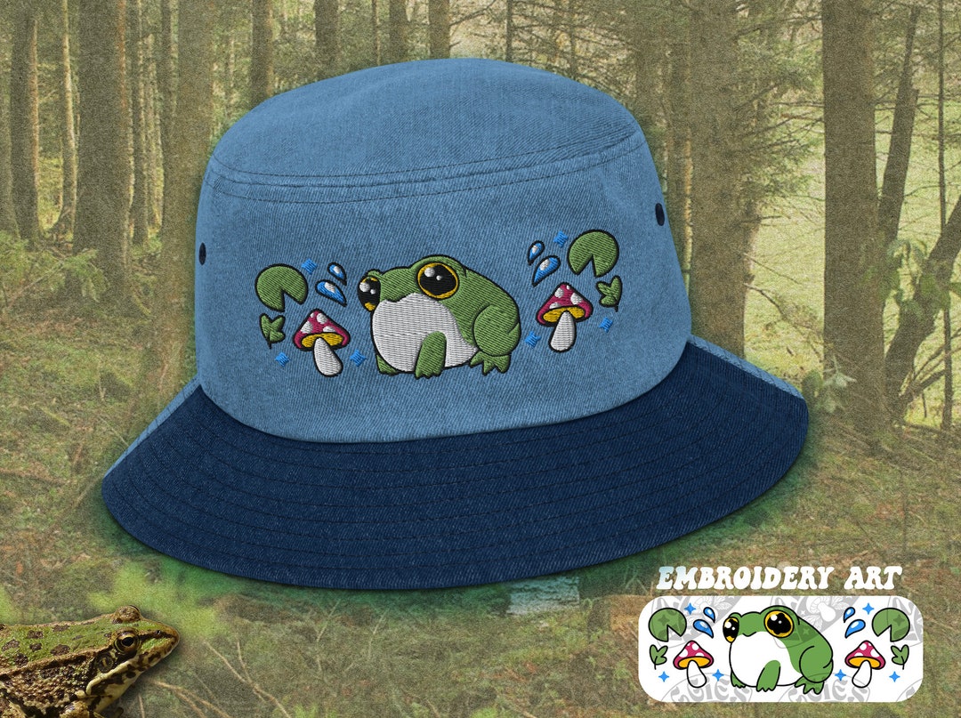 Cottagecore Cute Frog Denim Bucket Hat | Embroidered Frog Denim Bucket ...