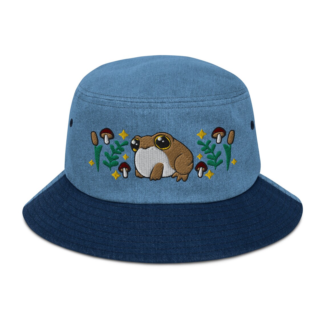 Cottagecore Cute Toad Denim Bucket Hat | Embroidered Gold Toad Denim ...