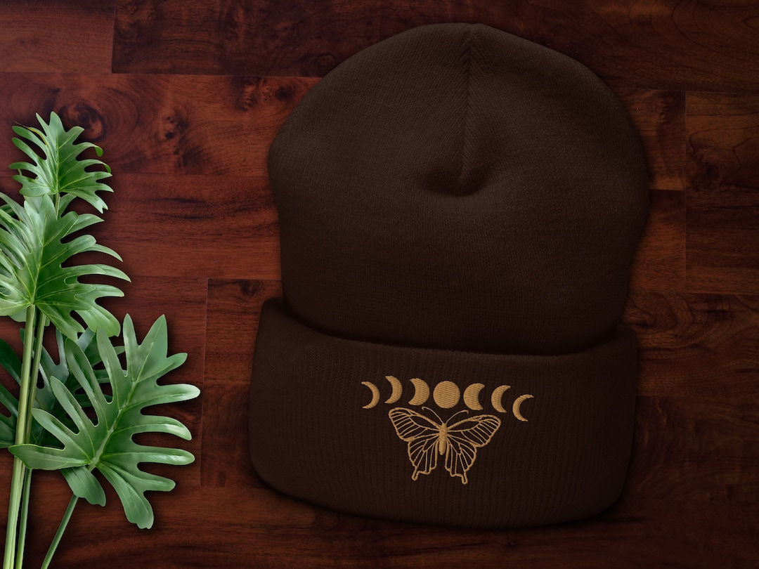 Embroidered Golden Boho Butterfly Beanie | Moon Phases Embroidered ...