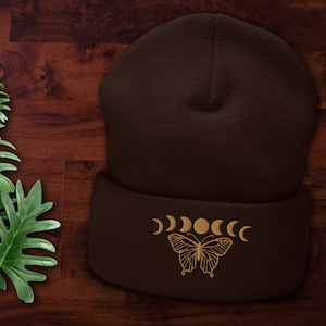 Embroidered Golden Boho Butterfly Beanie | Moon Phases Embroidered ...