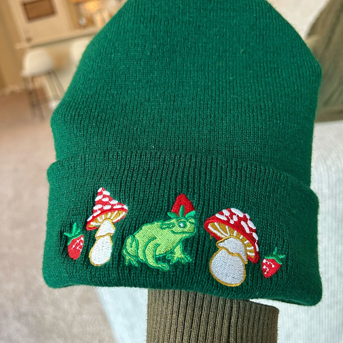 Embroidered Strawberry Frog Beanie | Embroidered Mushroom | Cottagecore ...